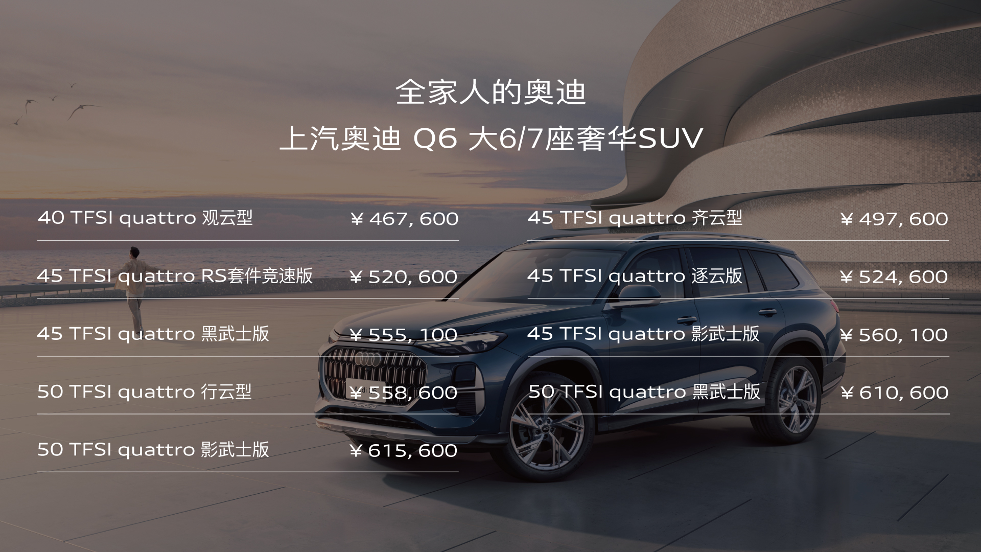 奥迪Q6,2024新款SUV Q6车型价格及图片,参数配置上汽奥迪汽车品牌官网